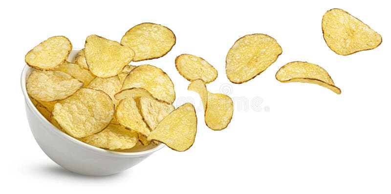 Falling Kettle Potato Chips Isolated on White Background, Full Depth of ...
