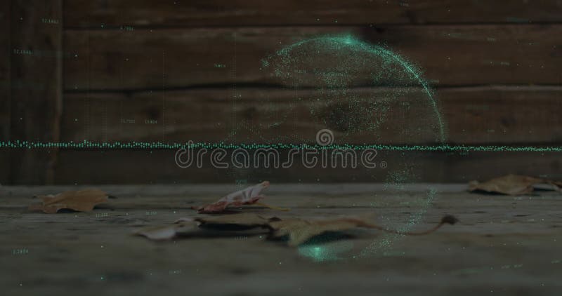 Falling Leaves on Ground with Digital Globe and Data Animation Overlay ...