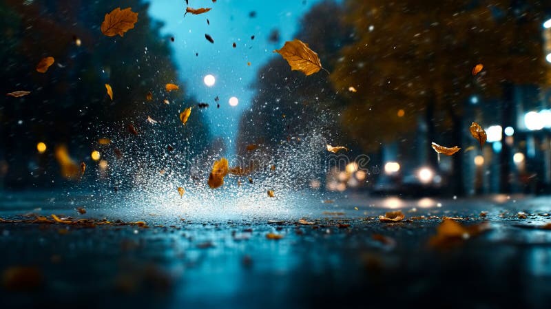 Falling Leaves in the Rain on a City Street at Night Stock Image ...