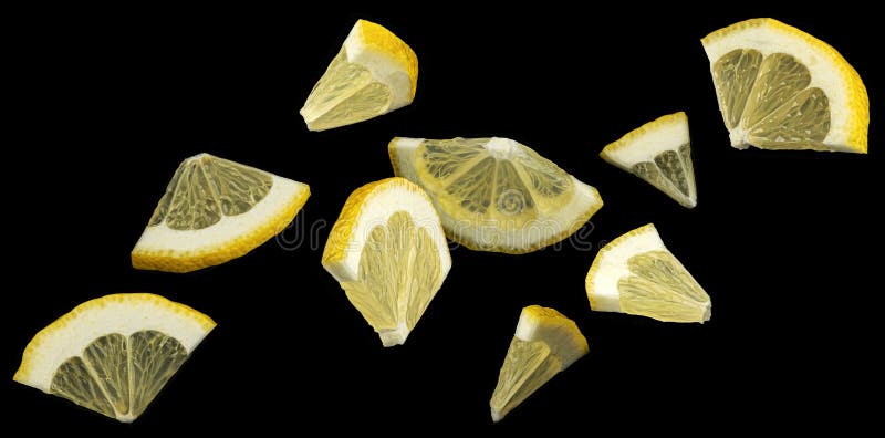 Falling Lemon Slices on Black Background Stock Photo - Image of ...