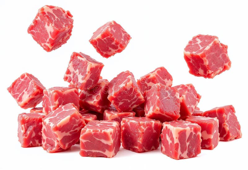 Falling Meat Beef Cubes Isolated on Transparent or White Background ...