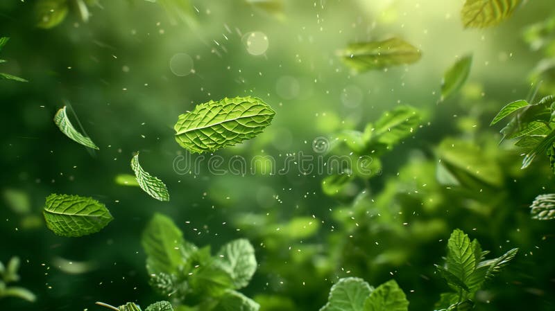 Falling Mint Leaves, Spearmint, Selective Focus Stock Illustration ...