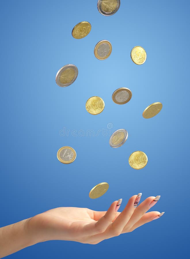 Falling money to hand stock illustration. Illustration of blue - 4371063