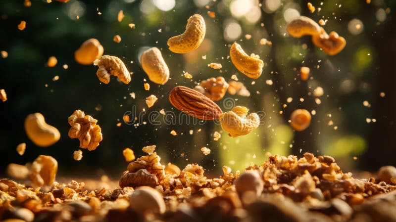 Falling Nuts and Seeds Against a Blurred Green Background Stock ...