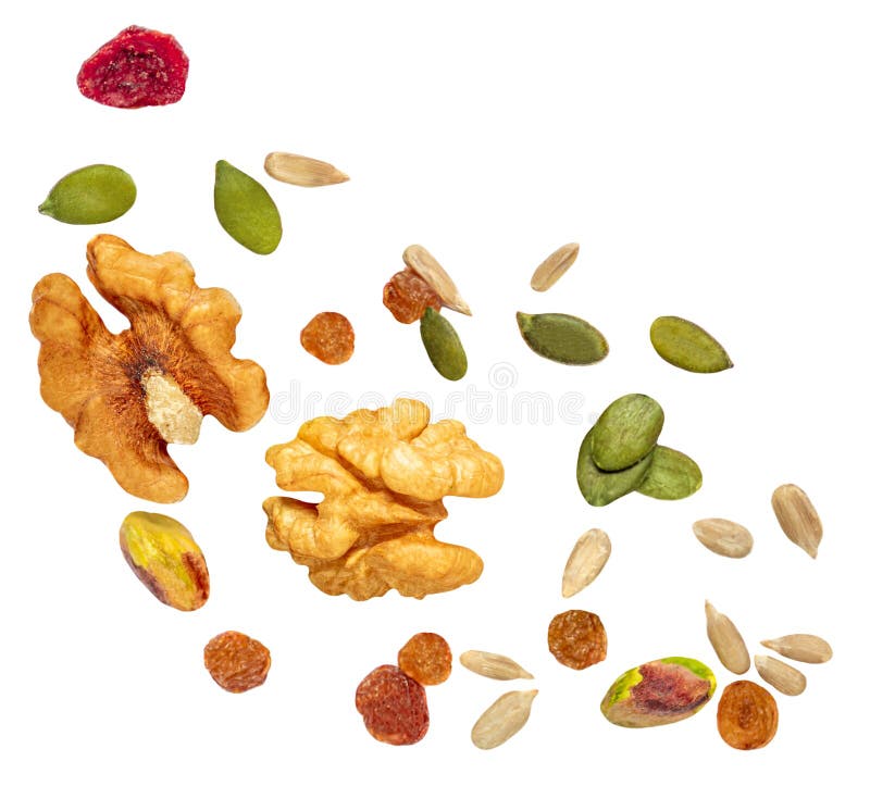 Falling Nuts, Seeds and Dried Fruits Isolated on White Background. Flat ...