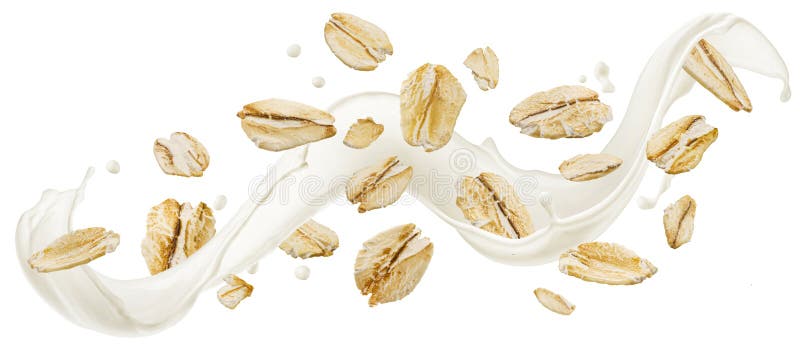 Falling Oat Flakes, Oatmeal with Milk Splash Isolated on White ...
