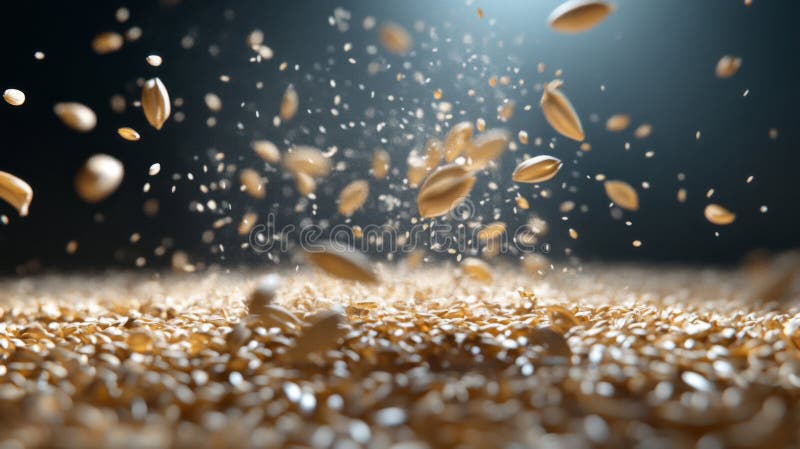 Falling Oats in Spotlight: Golden Grains and Dark Background Stock ...