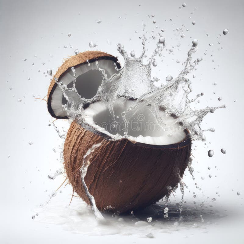 Falling Open Coconut Meets Water in a Splash on White Background. Ai ...