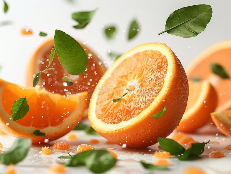 Falling Orange Slices and Leaves Stock Illustration - Illustration of ...