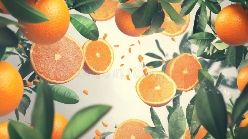 Falling Oranges and Green Leaves on White Background Stock Illustration ...