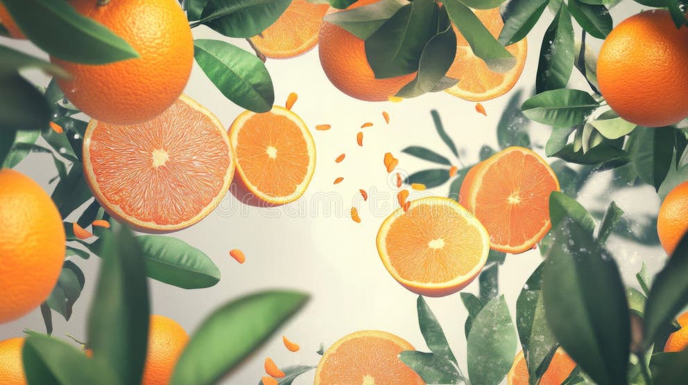 Falling Oranges and Green Leaves on White Background Stock Illustration ...