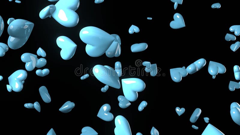 Falling Pale Blue Heart Objects in Black Background. Cute Heart-shape ...