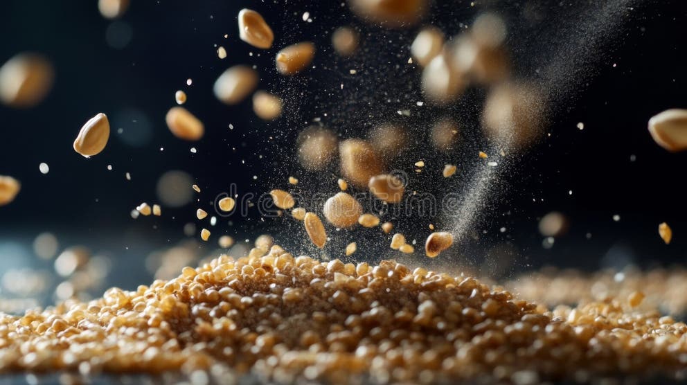 Falling Peanuts and Granulated Nut Pile on Dark Background Stock ...
