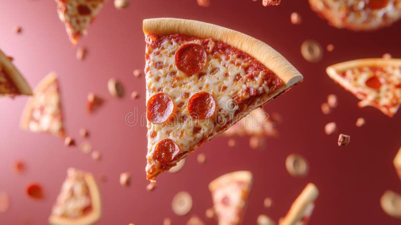 Falling Pepperoni Pizza Slice with Red Background Stock Illustration ...