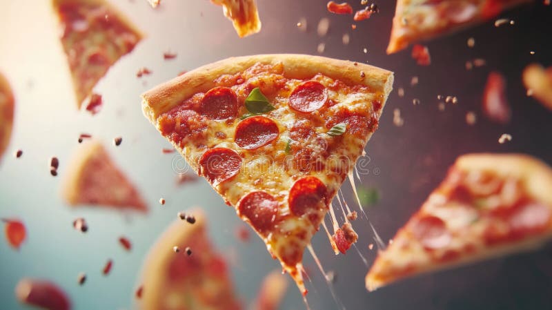 Falling Pepperoni Pizza Slices with Cheese Stock Illustration ...