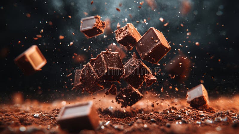 Falling Pieces of Chocolate with Cocoa Powder. Stock Image - Image of ...