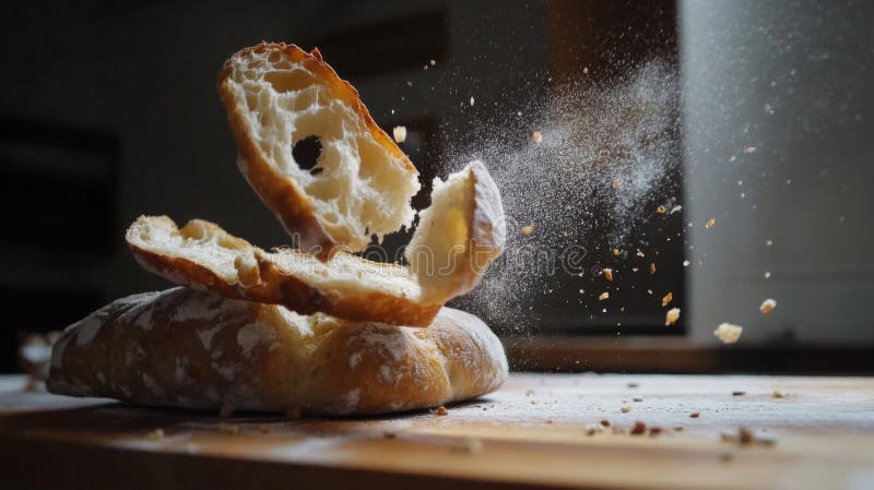 Falling Pieces of Golden Brown Bread on Wooden Board Stock Illustration ...