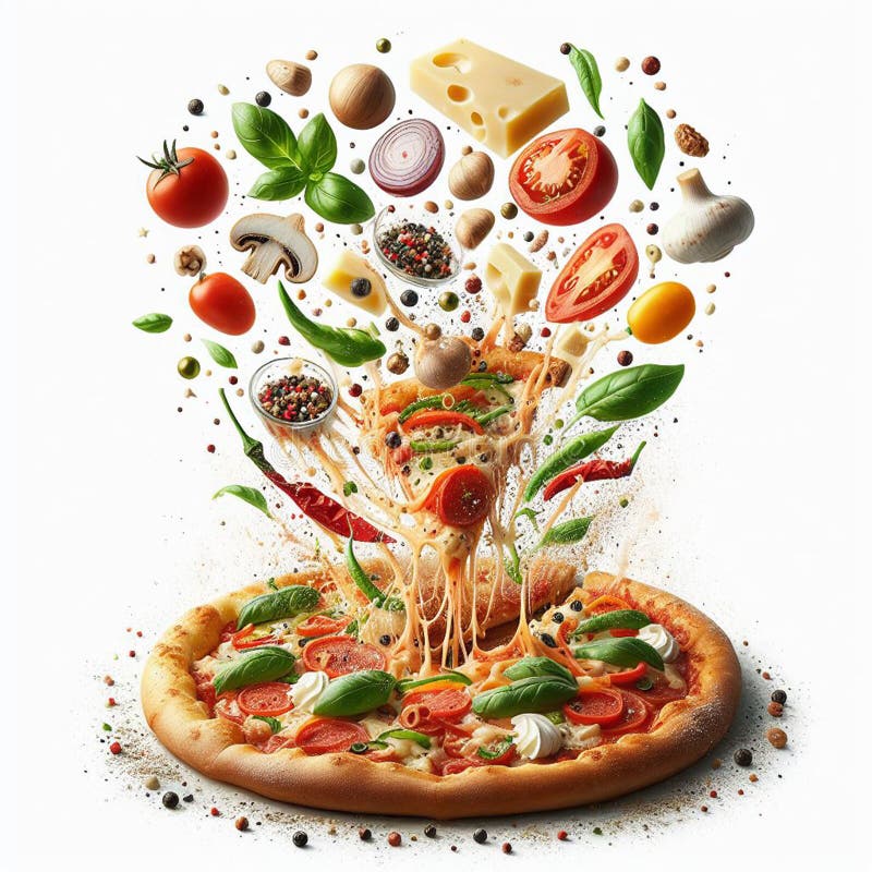 Falling Pieces of Ingredients into a Slice of Pizza Isolated on a White ...