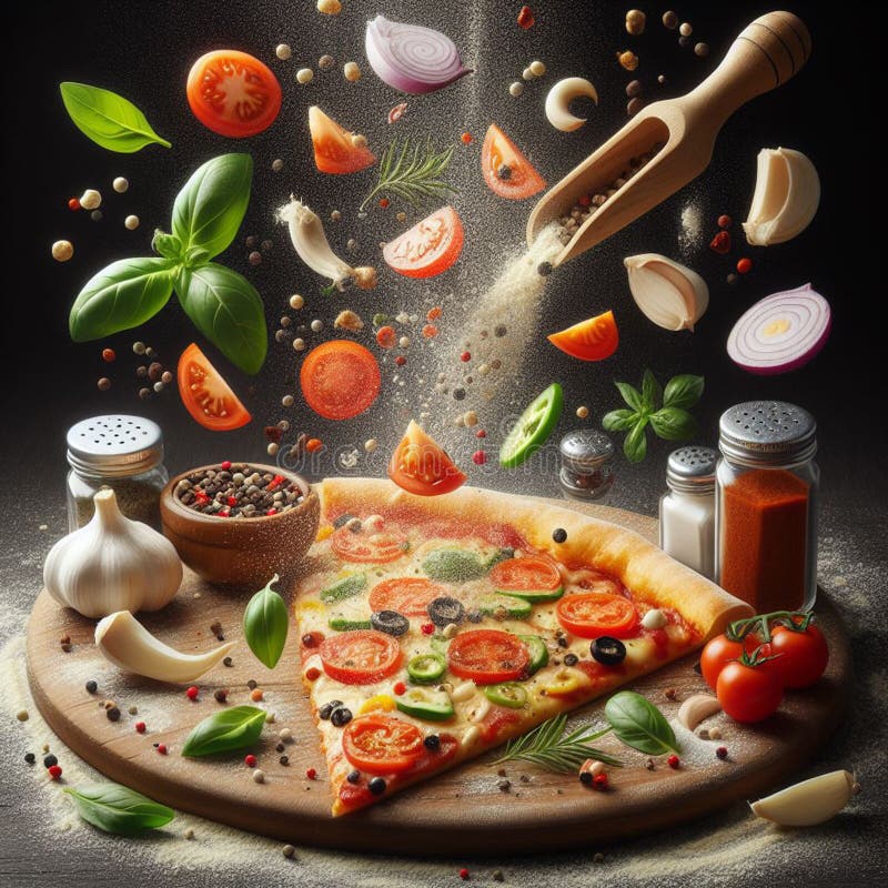 Falling Pieces of Ingredients into a Slice of Pizza Isolated on a White ...