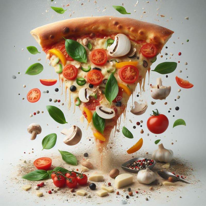 Falling Pieces of Ingredients into a Slice of Pizza Isolated on a White ...