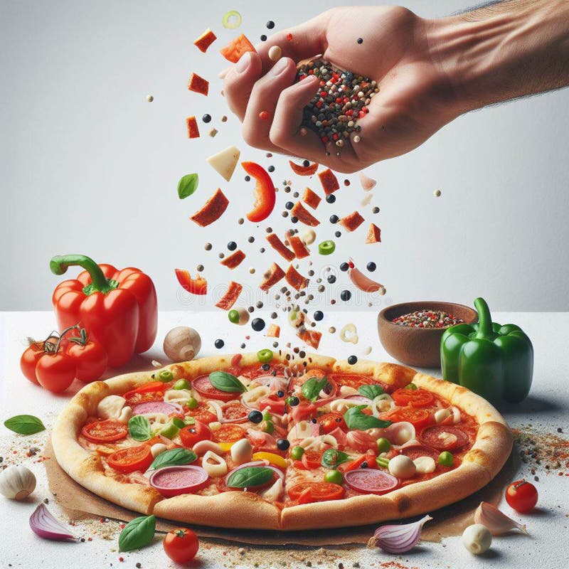 Falling Pieces of Ingredients into a Slice of Pizza Isolated on a White ...