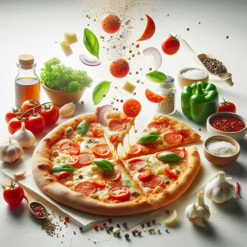 Falling Pieces of Ingredients into a Slice of Pizza Isolated on a White ...