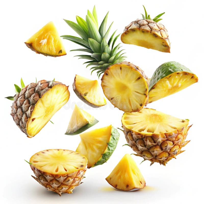 Falling Pineapple Slices Isolated on White Background Stock ...