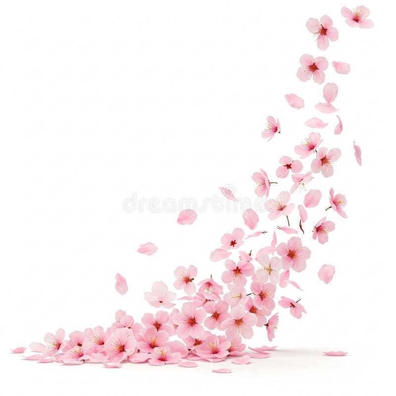 Falling Pink Cherry Blossoms and Petals Accumulating Below, Isolated on ...