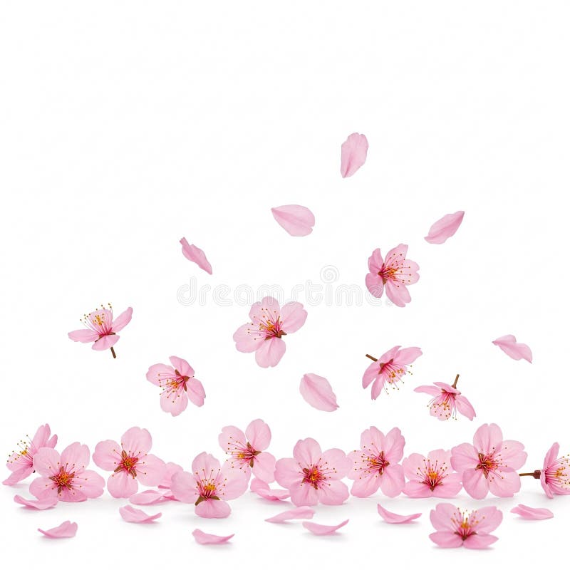 Falling Pink Cherry Blossoms and Petals Accumulating Below, Isolated on ...