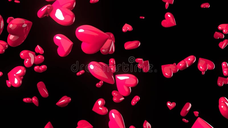 Falling Pink Heart Objects in Black Background. Cute Heart-shape ...
