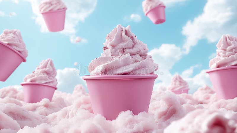 Falling Pink Ice Cream Cones Against Blue Sky with Clouds. Food ...