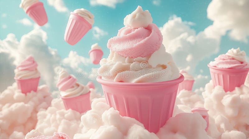 Falling Pink Ice Cream Cones Against Blue Sky with Clouds. Food ...