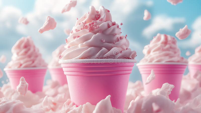Falling Pink Ice Cream Cones Against Blue Sky with Clouds. Food ...