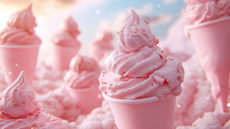Falling Pink Ice Cream Cones Against Blue Sky with Clouds. Food ...
