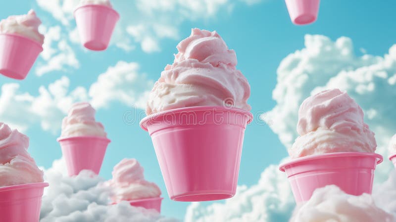 Falling Pink Ice Cream Cones Against Blue Sky with Clouds. Food ...