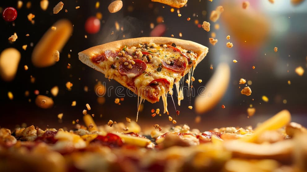 Falling Pizza Slice with Melted Cheese and Toppings Stock Illustration ...