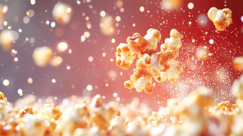 Falling Popcorn Closeup with Caramel Coating on Red Background and ...