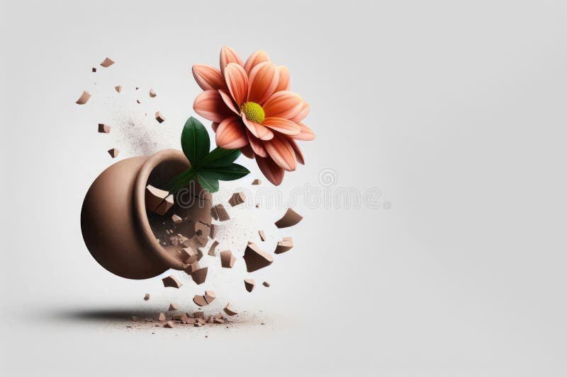 Falling Pot with a Flower. Space for Text. Stock Image - Image of ...