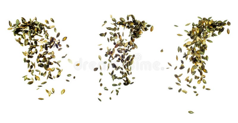 Falling Pumpkin Seeds, Isolated on White Background, Selective Focus ...