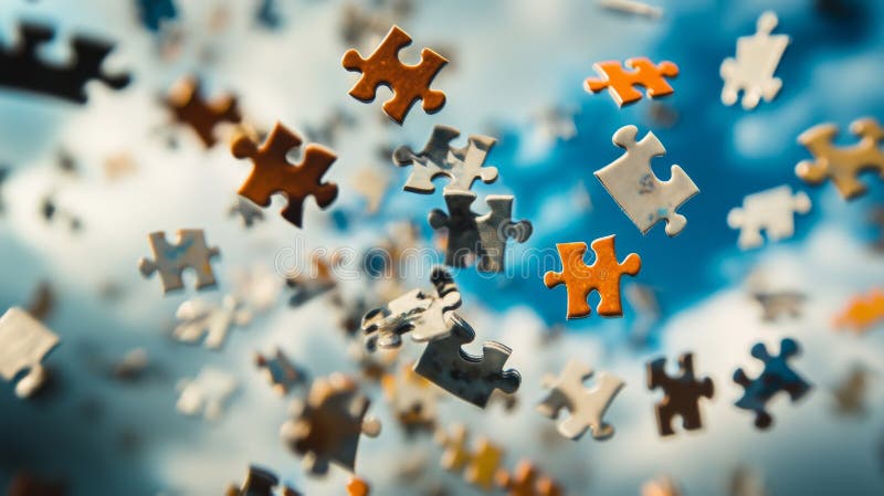 Falling Puzzle Pieces Against a Cloudy Sky - Dynamic Motion and Blue ...