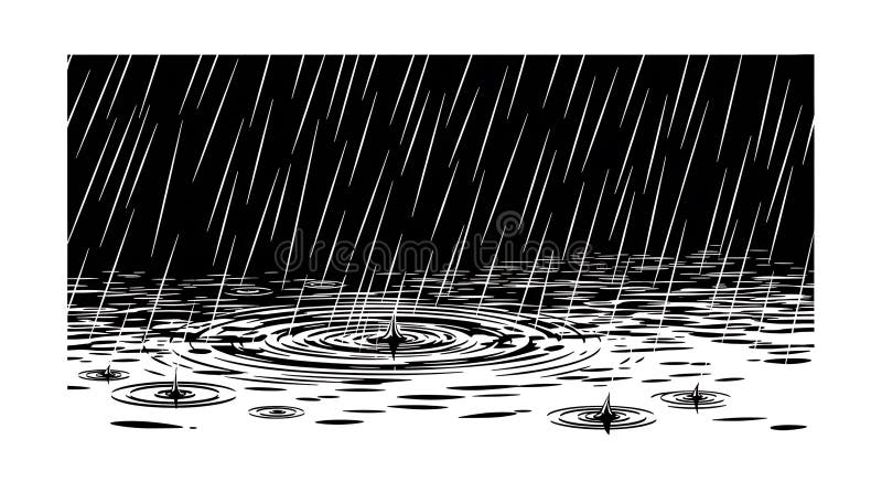 Black and White Illustration Depicting a Heavy Rainstorm. Diagonal ...