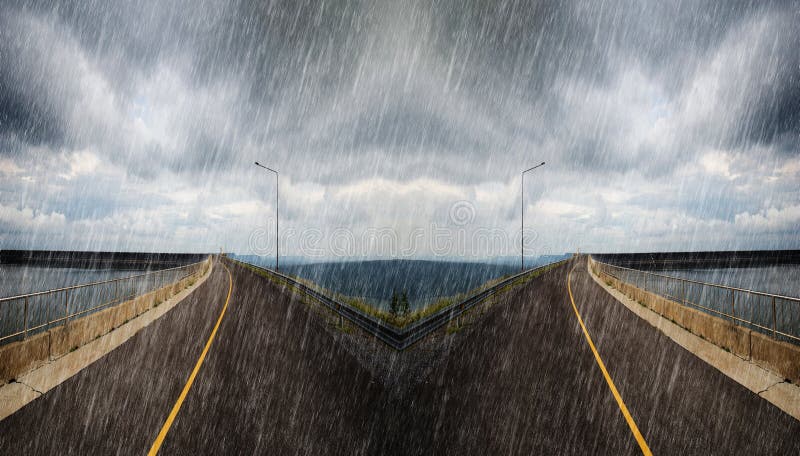 Falling Rain in Road Spliting in Two Way Stock Image - Image of ...