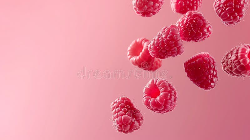Falling Raspberries on Light Pink Background, Horizontal Composition ...