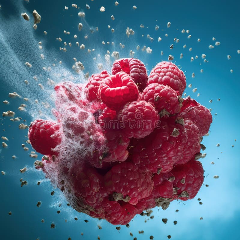 Falling Raspberries with Splashes of Water on Blue Background. Stock ...