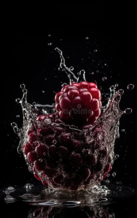 Falling Raspberries with Water Splash Isolated on Black Background ...