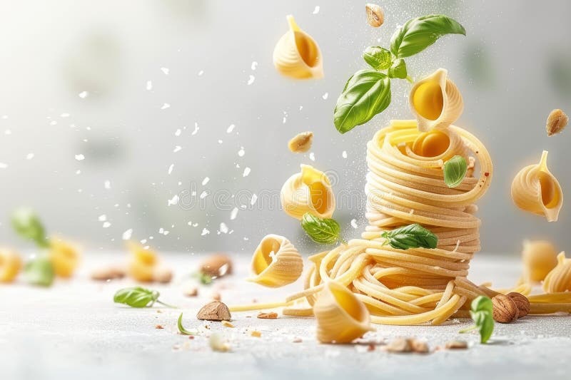 Falling Raw Italian Pasta on White Background, Ideal for Culinary and ...