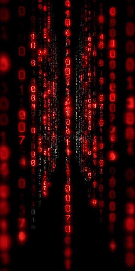 Falling Red Binary Code On Dark Background Digital Data Stream Coding