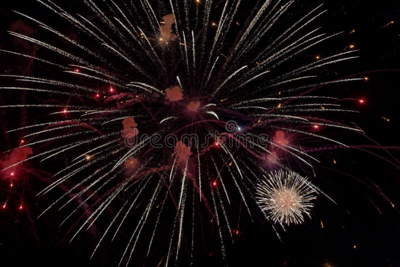 Falling of Red Firework Sparks after Bursting in the Night Sky Stock ...