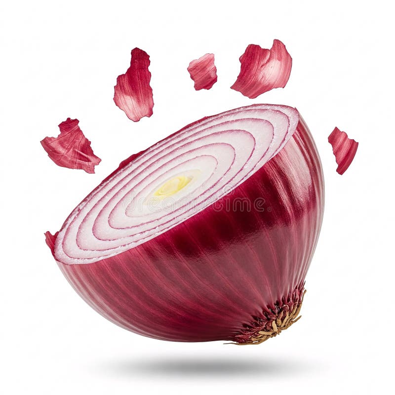 Falling Red Onion, Halved with Falling Slices, Isolated on White ...