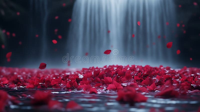 Falling Red Rose Petals Cascade Over the Watery Surface of the Pond ...